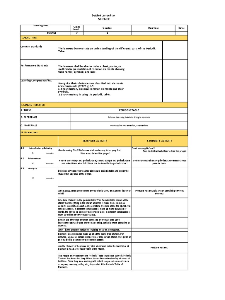 Detailed Lesson Plan New Gagnes Nine Events | PDF | Chemical Elements ...