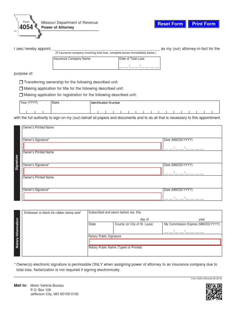 Missouri Motor Vehicle Power of Attorney Form | PDF | Notary Public ...