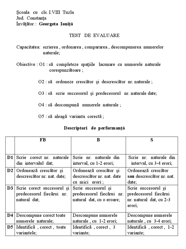 Test de Evaluare La Matematica Cls.i | PDF