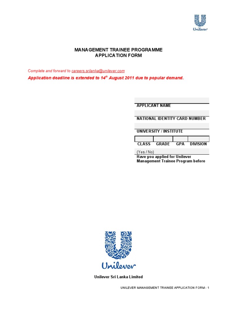 Unilever Management Trainee Application Form | PDF | Test (Assessment ...