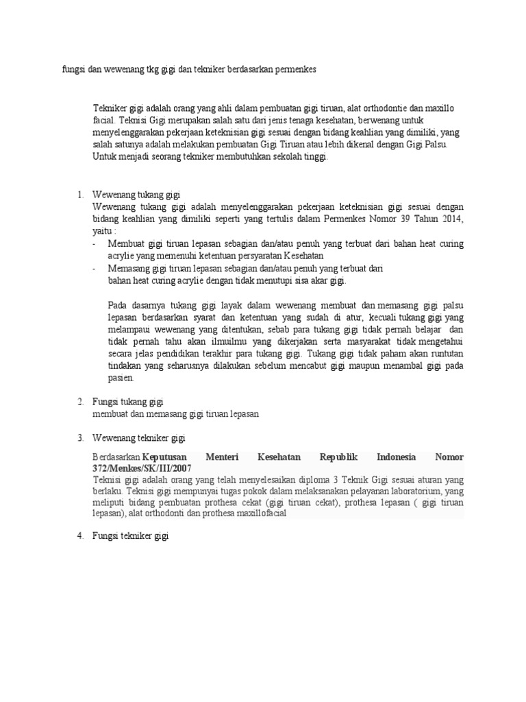 Fungsi Dan Wewenang TKG Gigi Dan Tekniker Berdasarkan Permenkes | PDF