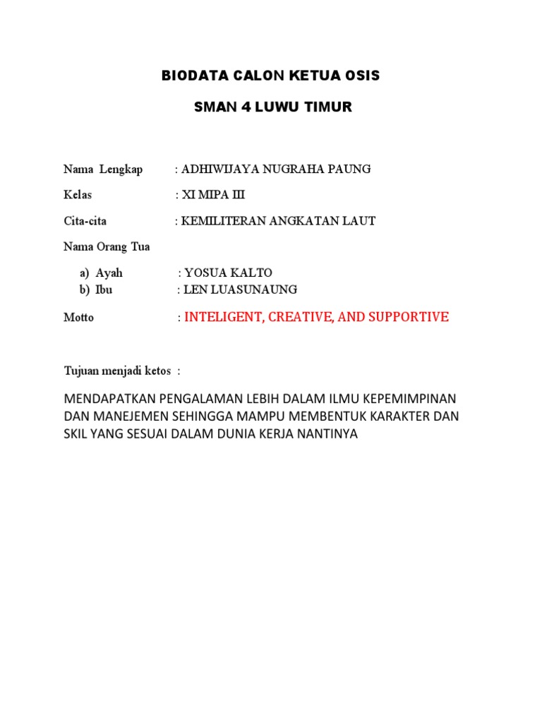 Biodata Calon Ketua Osis | PDF