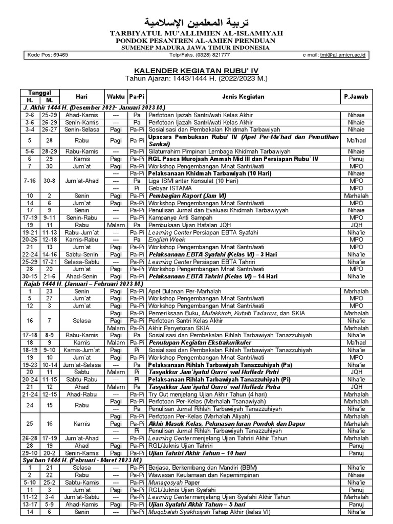 AGENDA KEGIATAN TMI - Rubu' IV 1443-1444 H. (2022-2023 M.) | PDF