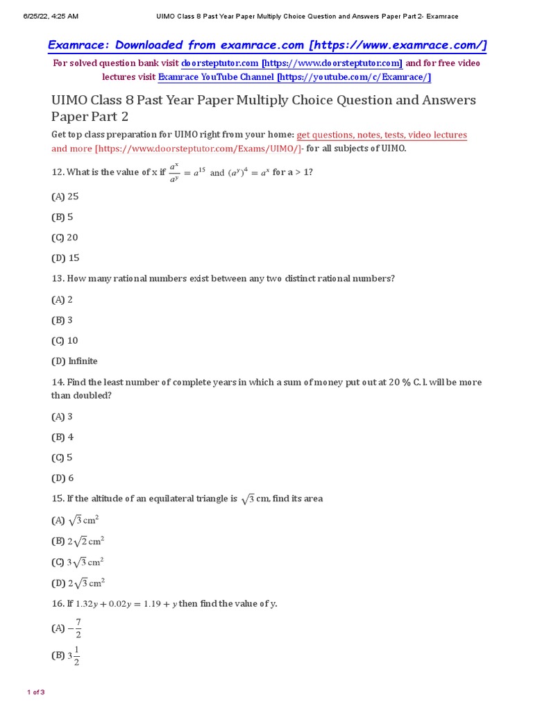 UIMO Class 8 Past Year Question Paper Part 220 | PDF | Euclidean Plane ...