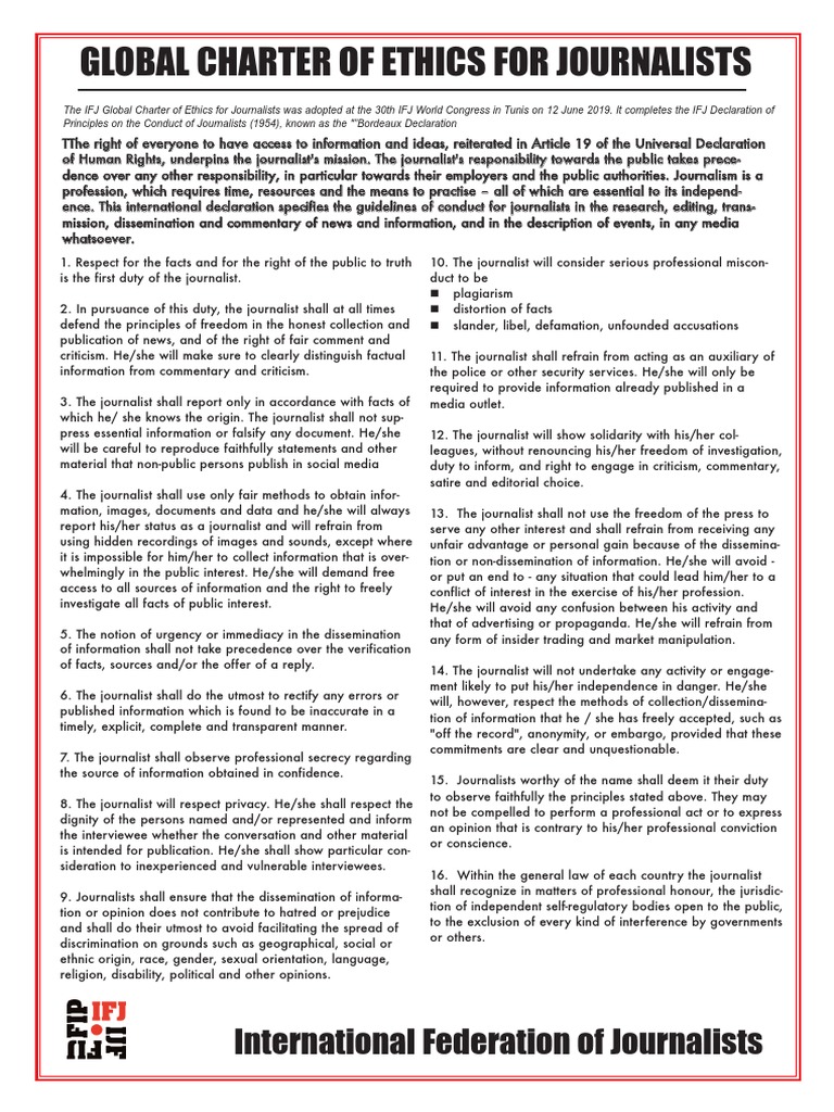 Global Charter of Ethics Journalists | PDF | Defamation | Human Rights