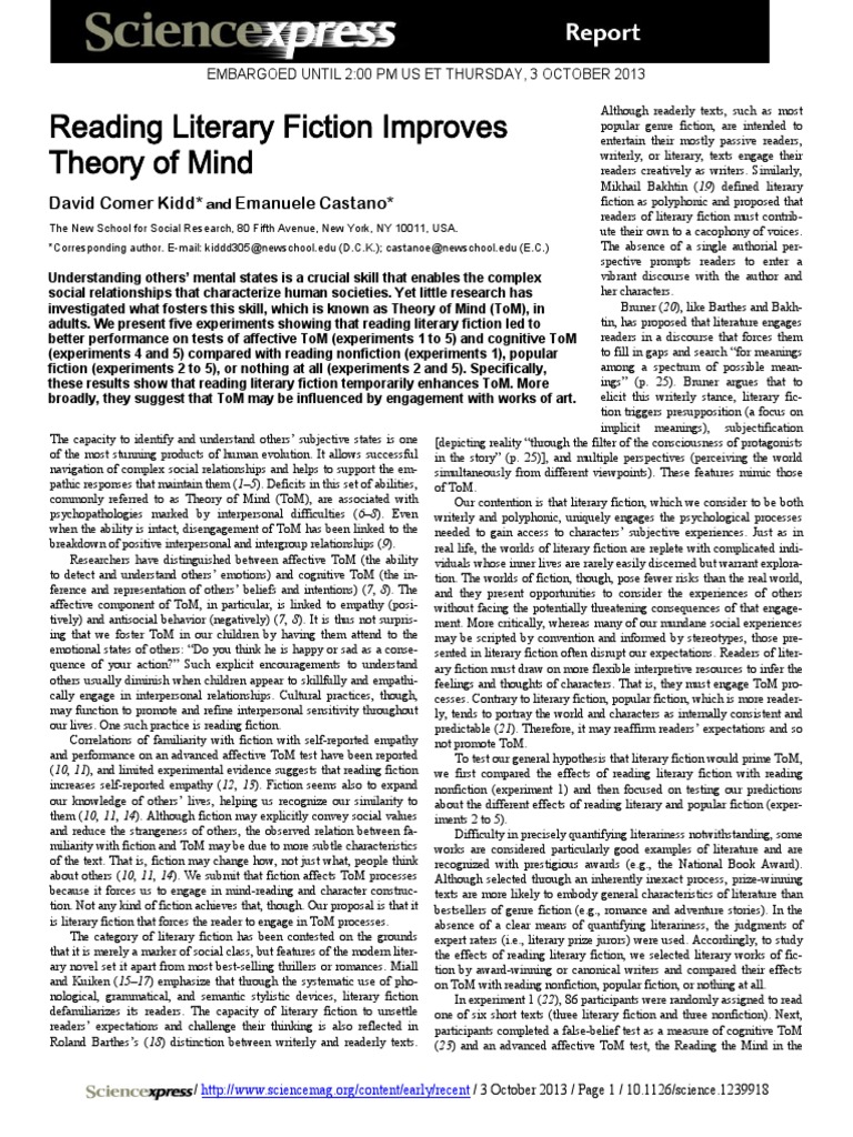 9 - Reading Literary Fiction Improves Theory of Mind | PDF | Experiment ...