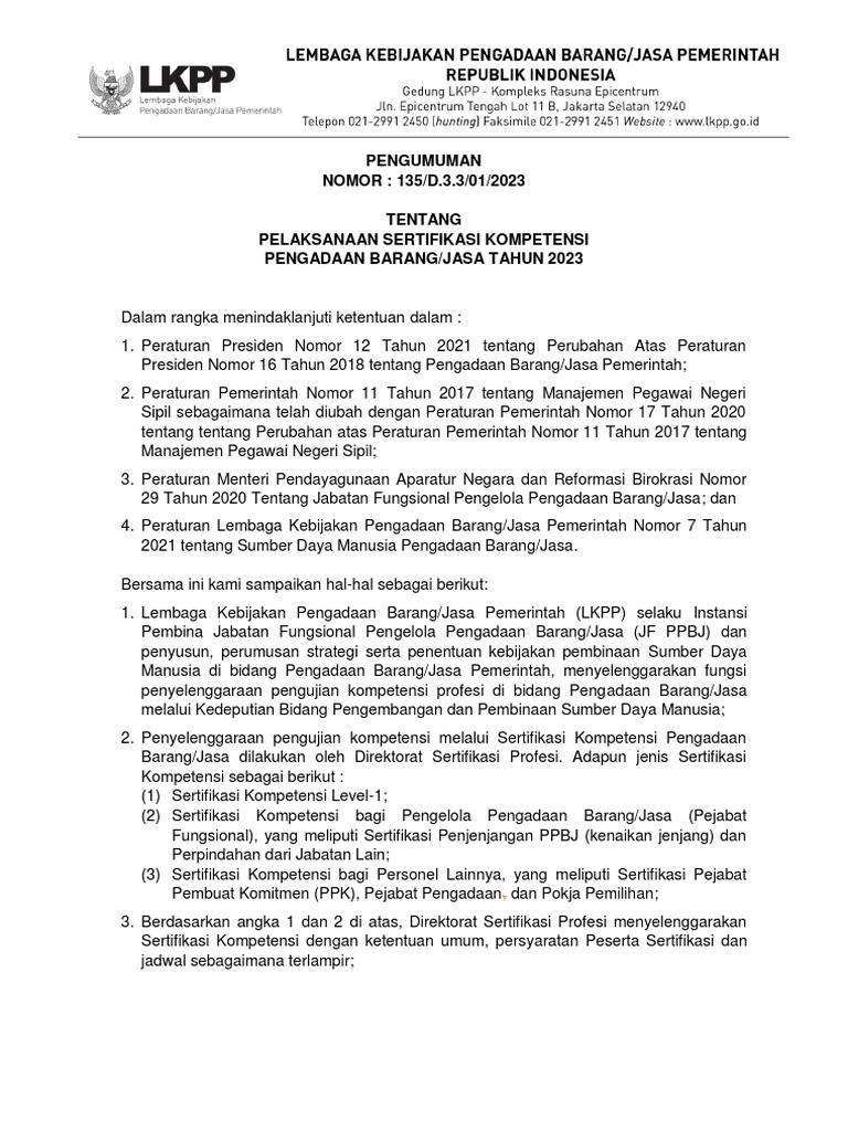 135 Pengumuman Pelaksanaan Sertifikasi Kompetensi PBJ Tahun 2023 - TTD ...