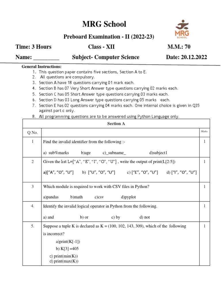 XII CS Preboard - 2 QP Updated | PDF