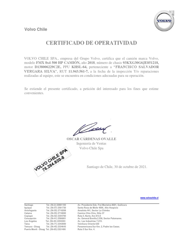 Certificado de Operatividad Volvo 2018 | PDF
