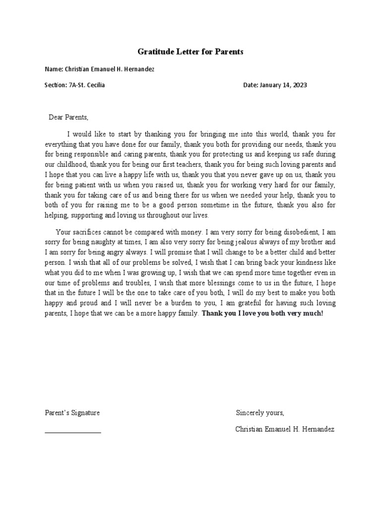 Gratitude Letter For Parents | PDF