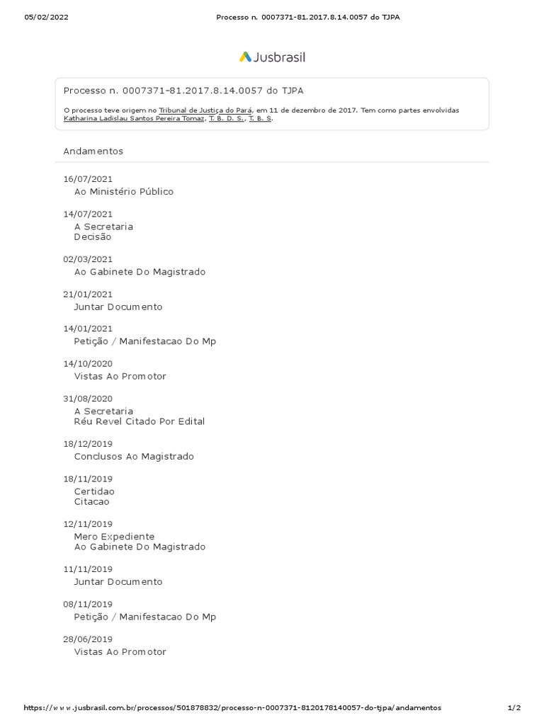 Processo N 0007371 8120178140057 Do Tjpa Andamentos | PDF