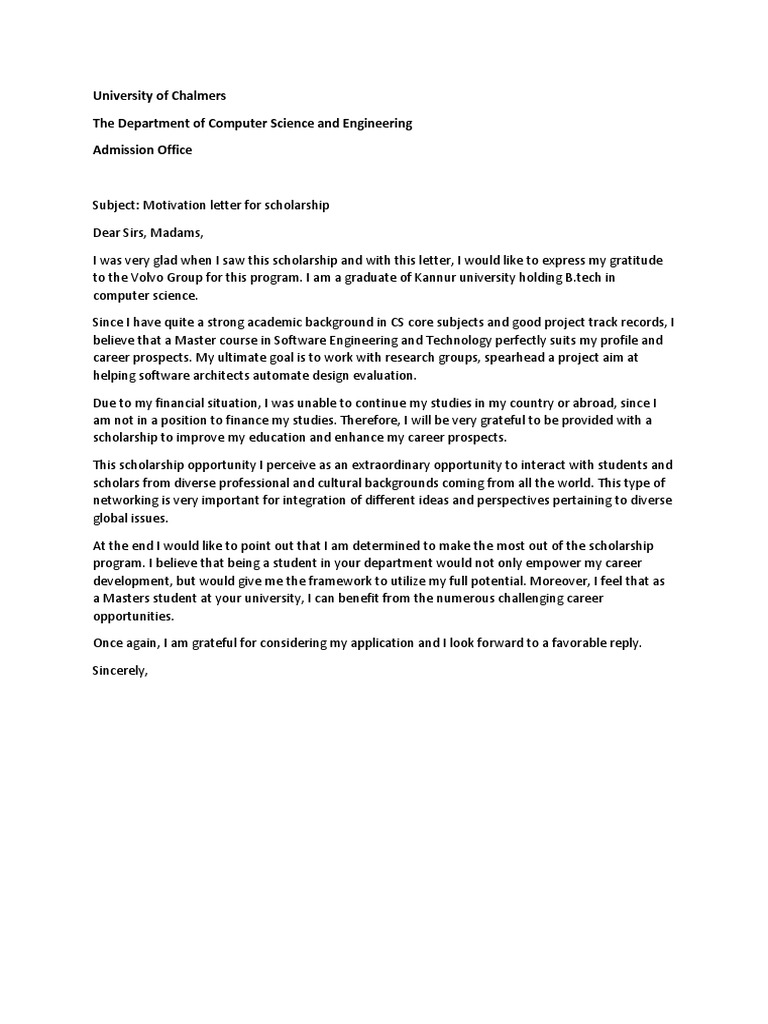 Motivation Letter - Volvo Group Scholarship | PDF
