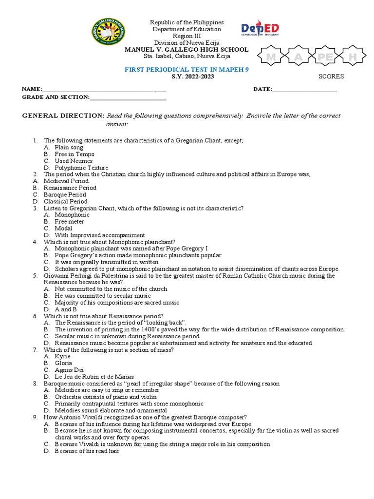 Mapeh 9 (Exam 2) | PDF | Baroque Music | Gregorian Chant