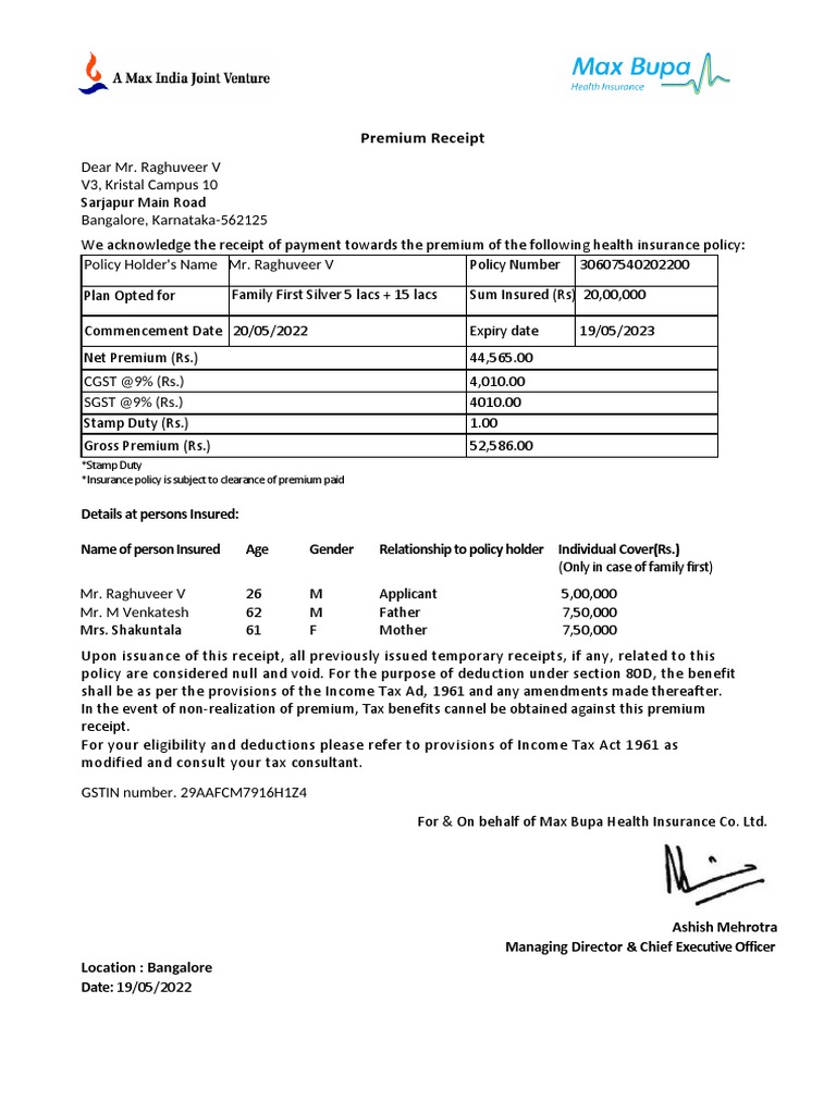 Health Insurance Premium Receipt | PDF | Insurance | Taxes