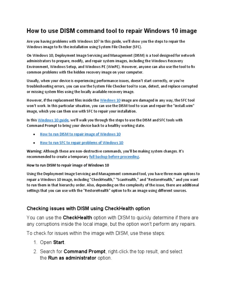 How To Use DISM Command Tool To Repair Windows 10 Image | PDF | Windows ...