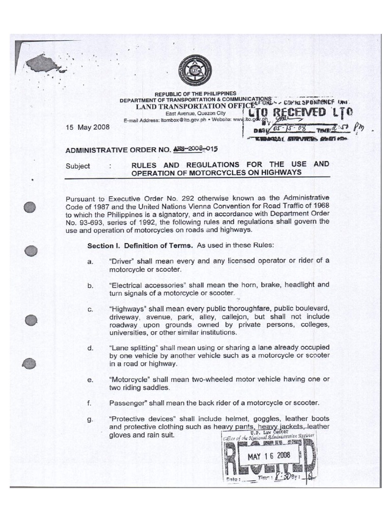 LTO Administrative Order No. AHS-2008-015 | PDF