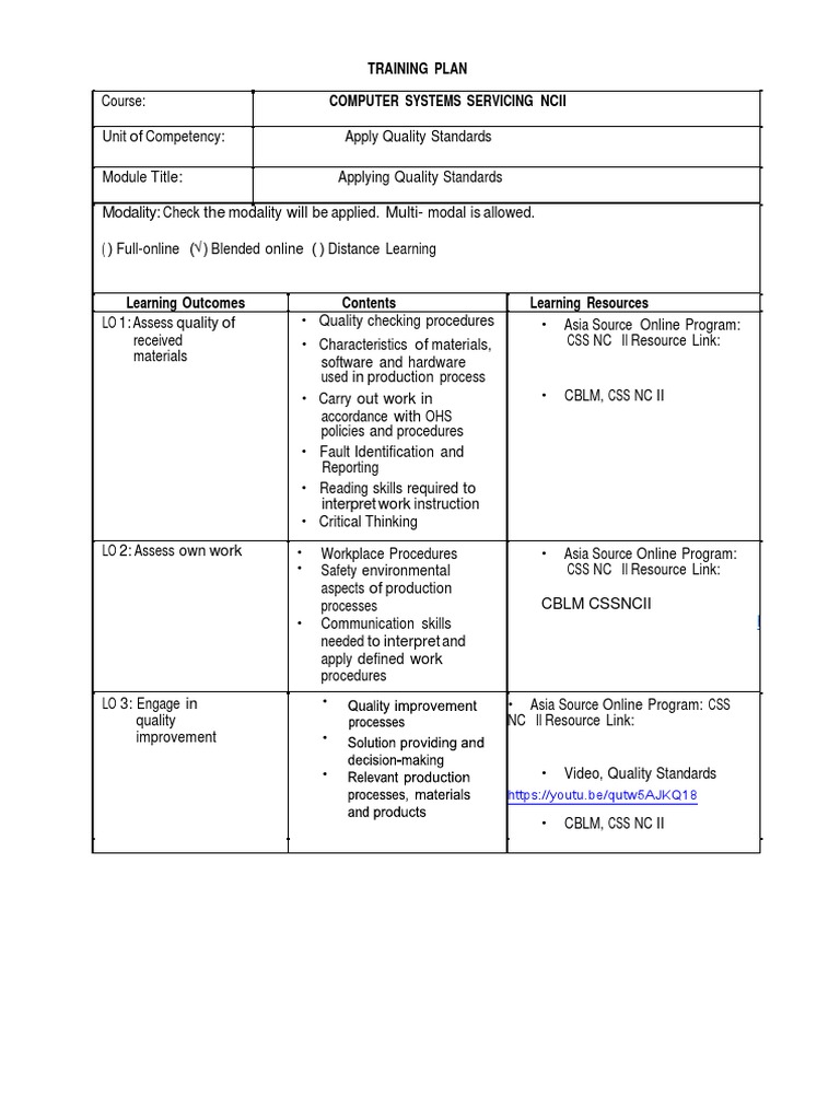 Asia Source Training-Plan-Common-Competency CSS NCII | PDF | Computers