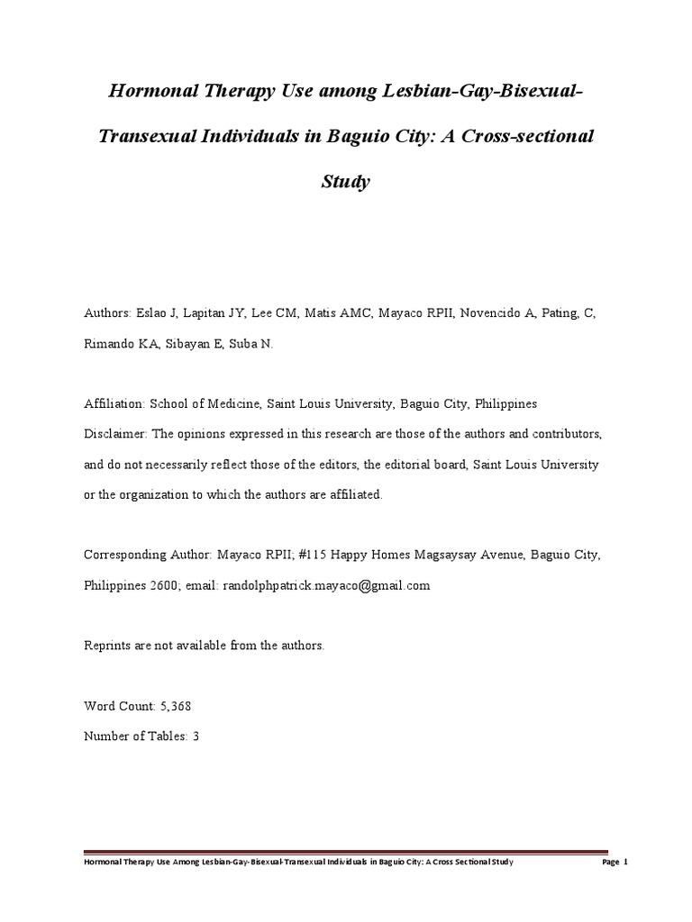 Hormonal Therapy Use Among Lesbian-Gay-Bisexual-Transexual Individuals in Baguio City | PDF ...