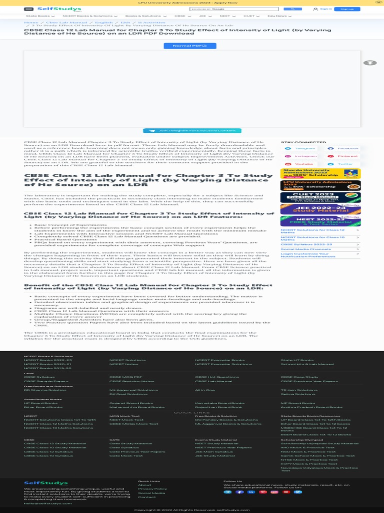 CBSE Class 12 Lab Manual For Chapter 3 To Study Effect of Intensity of Light (By Varying ...