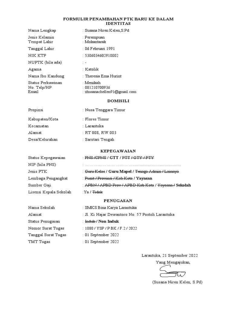 Formulir Penambahan PTK Baru Ke Dalam | PDF Formulir Penambahan PTK Baru Ke Dalam | PDF