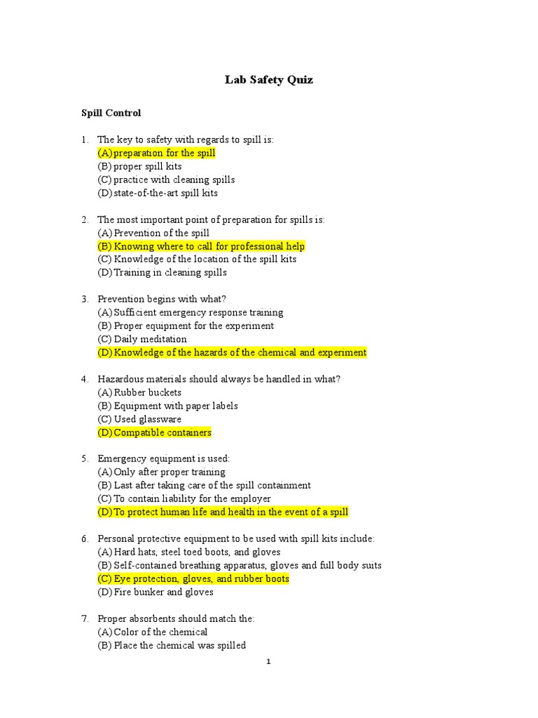Lab Safety Quiz: Mastering Spill Control and Proper Use of Safety ...