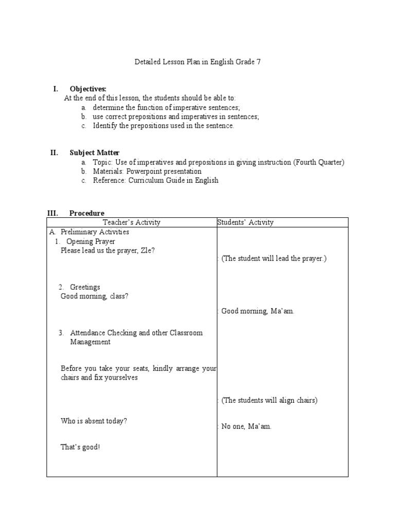 Detailed Lesson Plan in English Grade 7 | PDF | Sentence (Linguistics ...