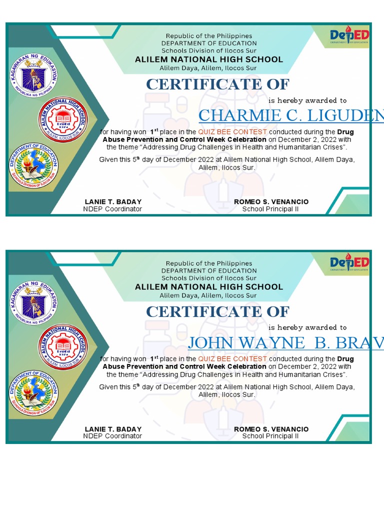 Quiz Bee Winners Recognition 2022 | PDF | Aids | Emergency Management