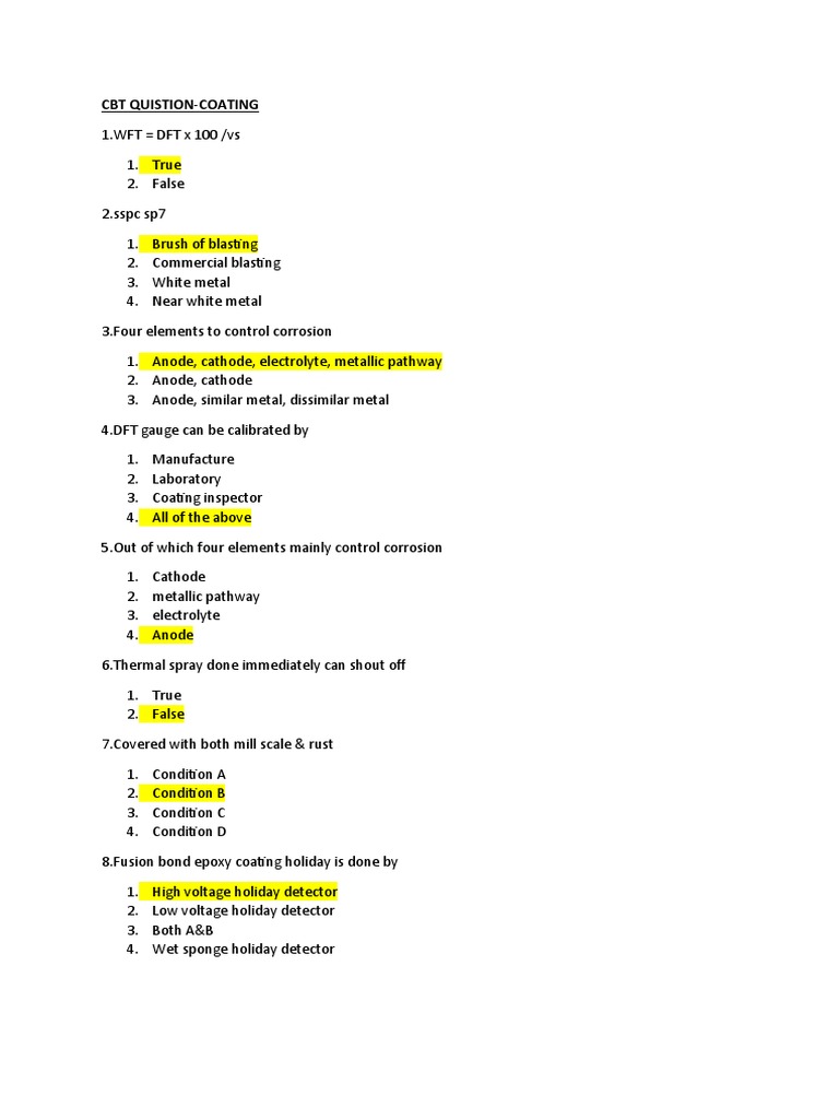 CBT Practice Questions on Coatings Inspection and Surface Preparation ...