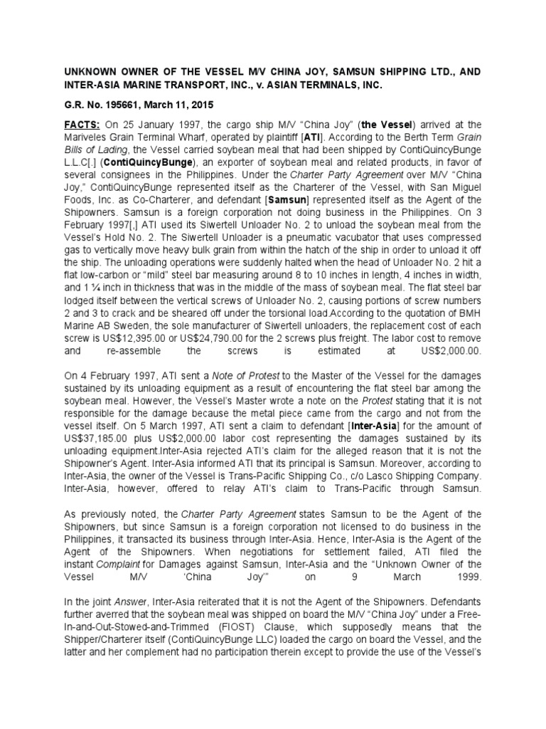 Unknown Owner of The Vessel MN China Joy v. Asian Terminals, Inc ...