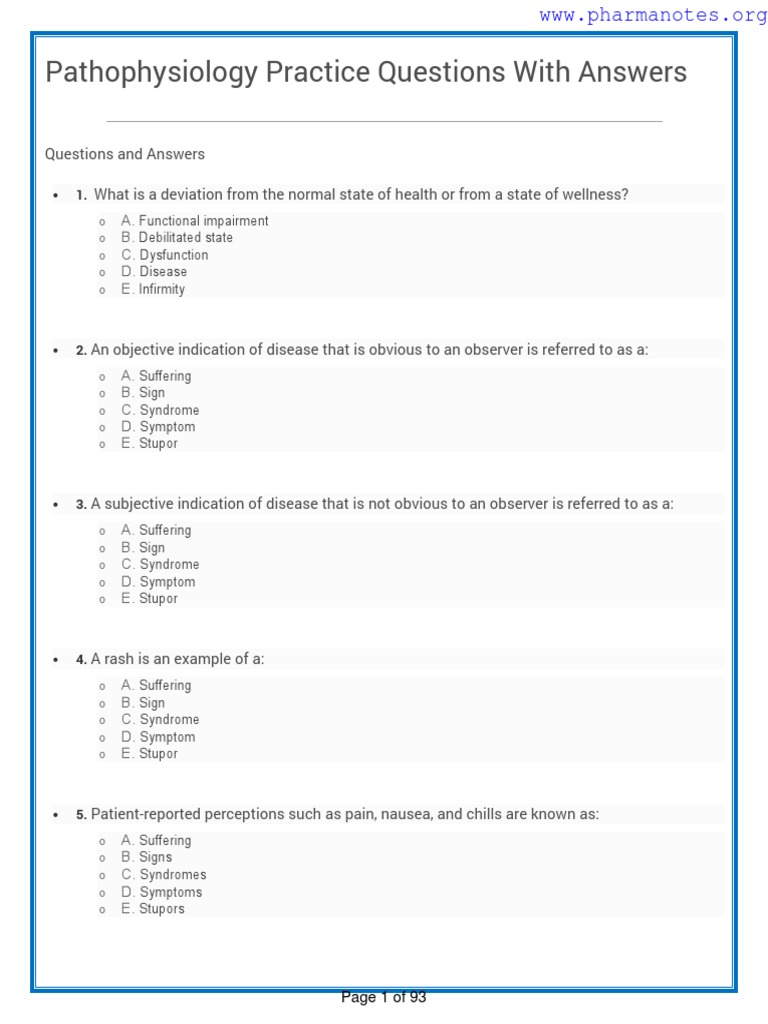 Pathophysiology Practice Questions With Answers: A. B. C. D. E | PDF ...