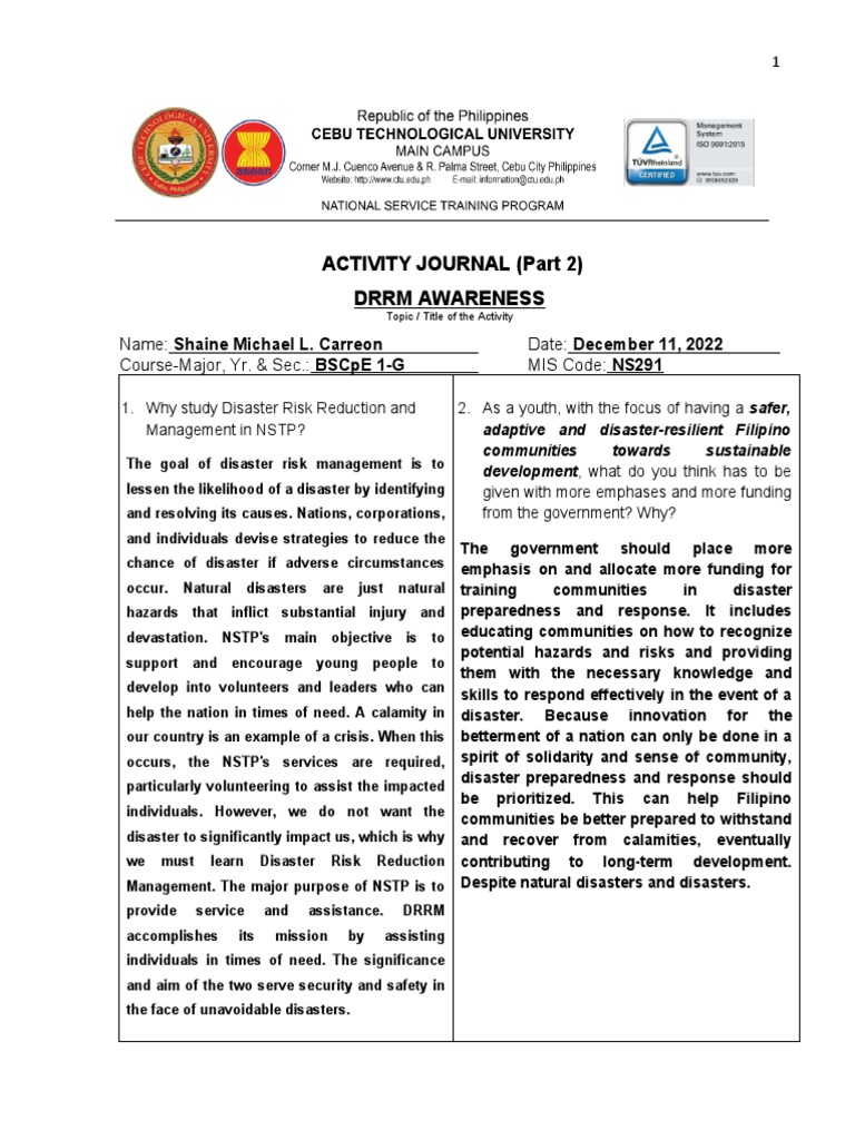 DRRM Awareness Activity Journal | PDF | Emergency Management | Risk