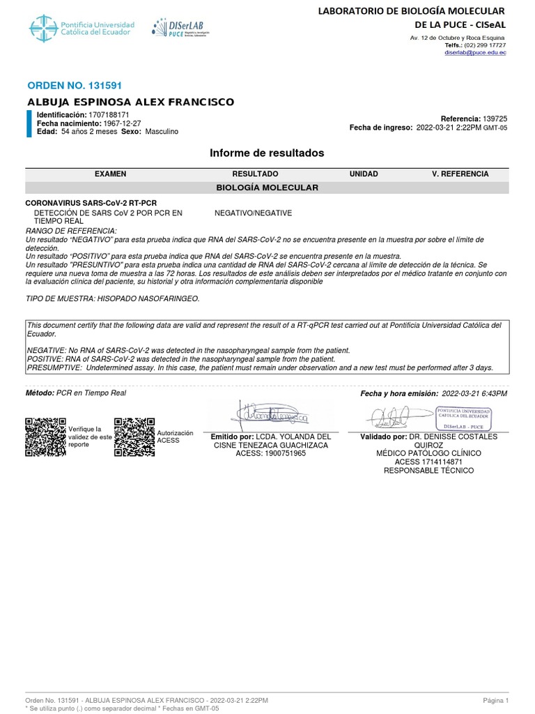 Resultados negativos de la prueba RT-PCR para SARS-CoV-2 en un paciente ...