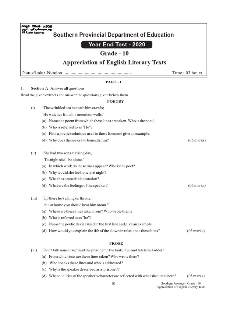 Grade 10 English Literature 3rd Term Test Paper 2020 Southern Province ...
