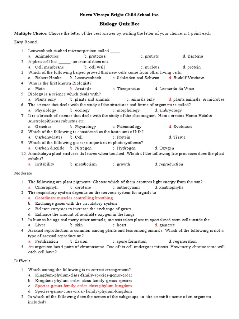Bio Quiz Bee | PDF | Plants | Cell (Biology)