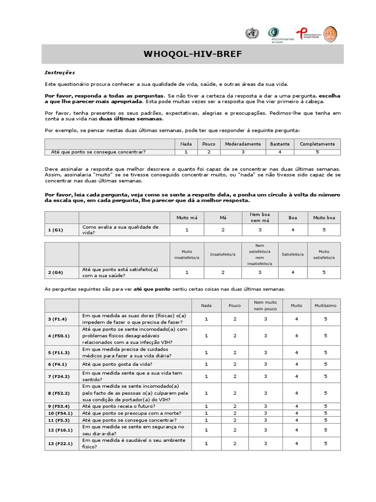 WHOQOL HIV Bref - Questionário | PDF | Vida | Depressão