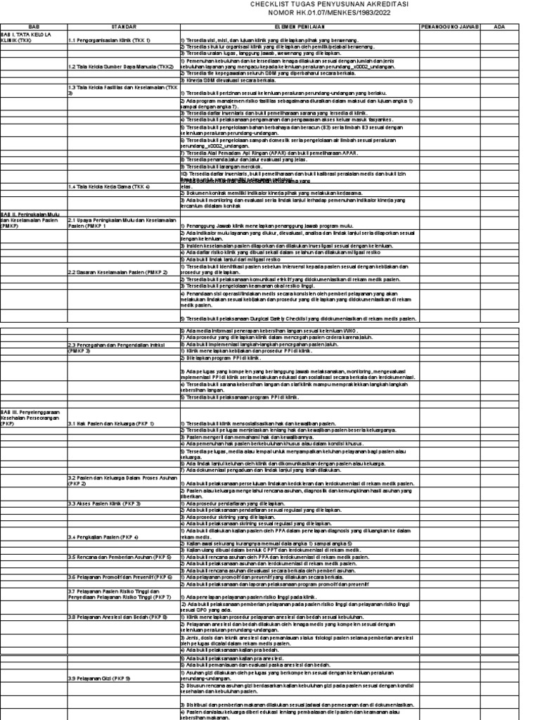 Checklist Akreditasi Klinik 2022 | PDF