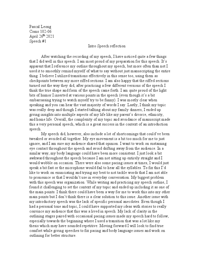 Intro Speech Reflection | PDF | Speech | Body Language