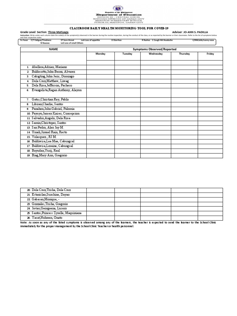Classroom Daily Health Monitoring Tool For Covid | PDF | Epidemiology ...