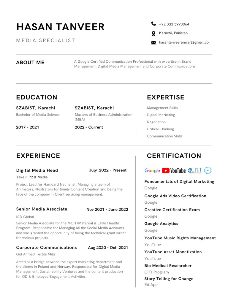 Hasan Tanveer CV 2022 | PDF | You Tube | Master Of Business Administration