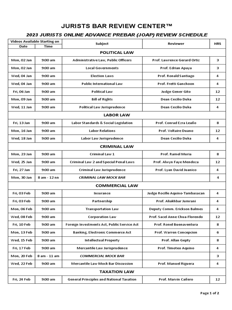 2023 JOAP Schedule of Lectures | PDF | Private Law | Justice