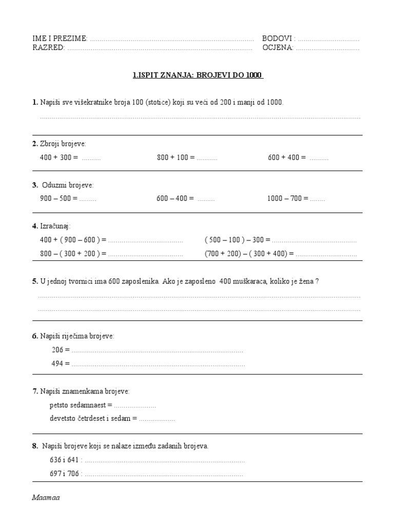 1.ispit-Brojevi Do 1000maamaa | PDF