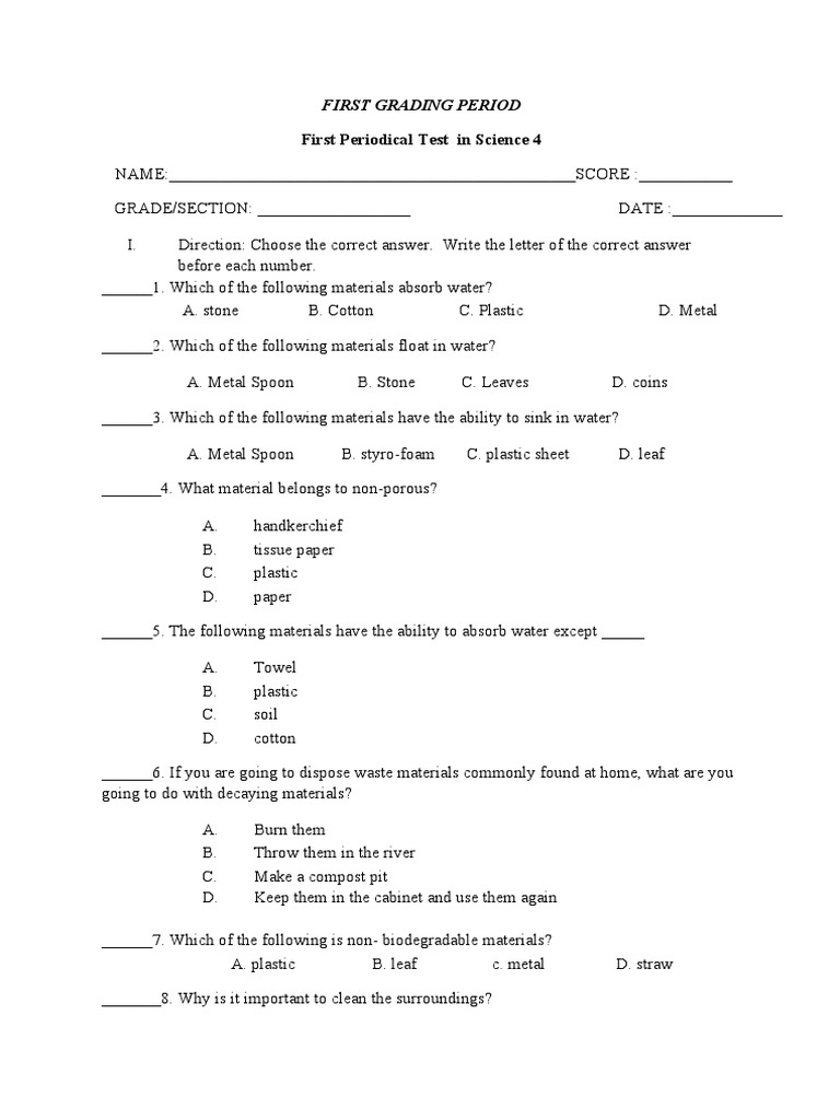Science 1ST Periodical Test | PDF
