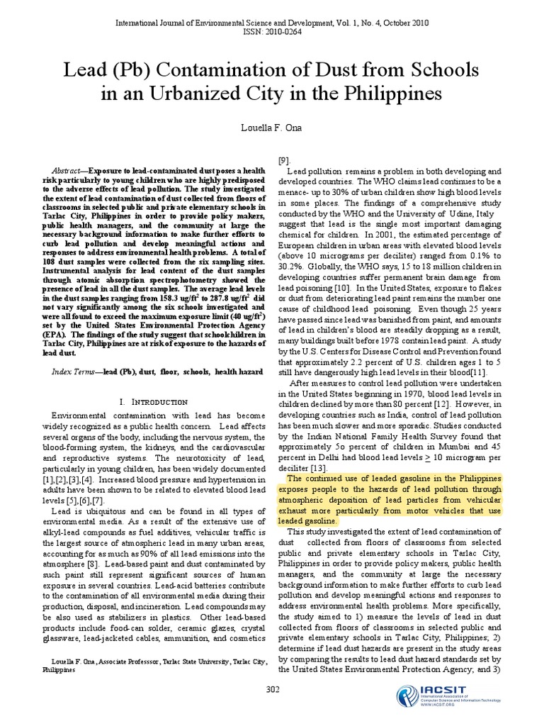 Lead (PB) Contamination of Dust From Schools in An Urbanized City in The Philippines | PDF ...