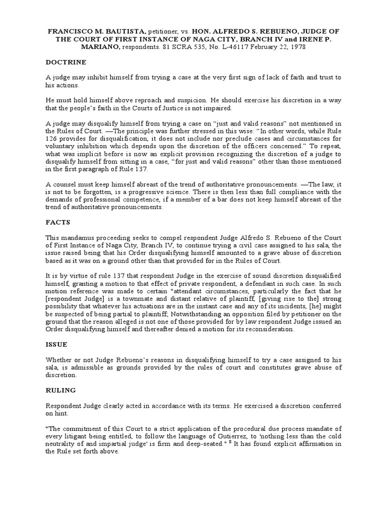 Bautista V Rebueno, 81 SCRA 535 | PDF | Discretion | Lawsuit