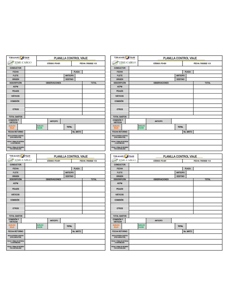 Fo-031 Planilla Control Viaje | PDF