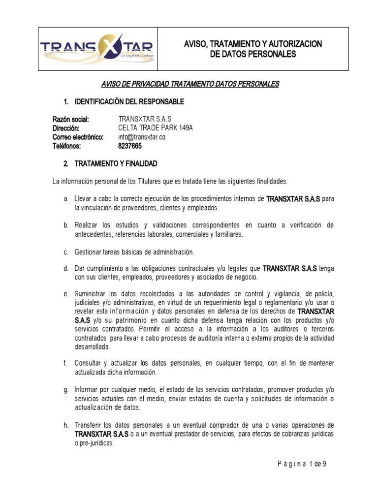Aviso, Tratamiento y Autorización de Datos Personales | PDF Aviso, Tratamiento y Autorización de Datos Personales | PDF