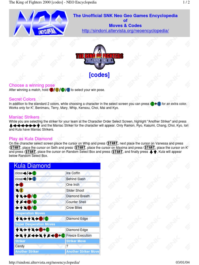 King of Fighters2000 Codes | PDF | Japanese Games | Video Game ...