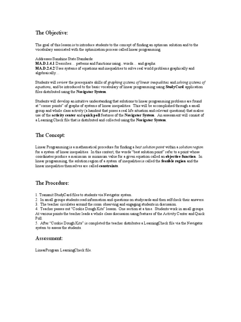 Navigator Lesson Linear Prog Pdf Linear Programming Mathematical Optimization