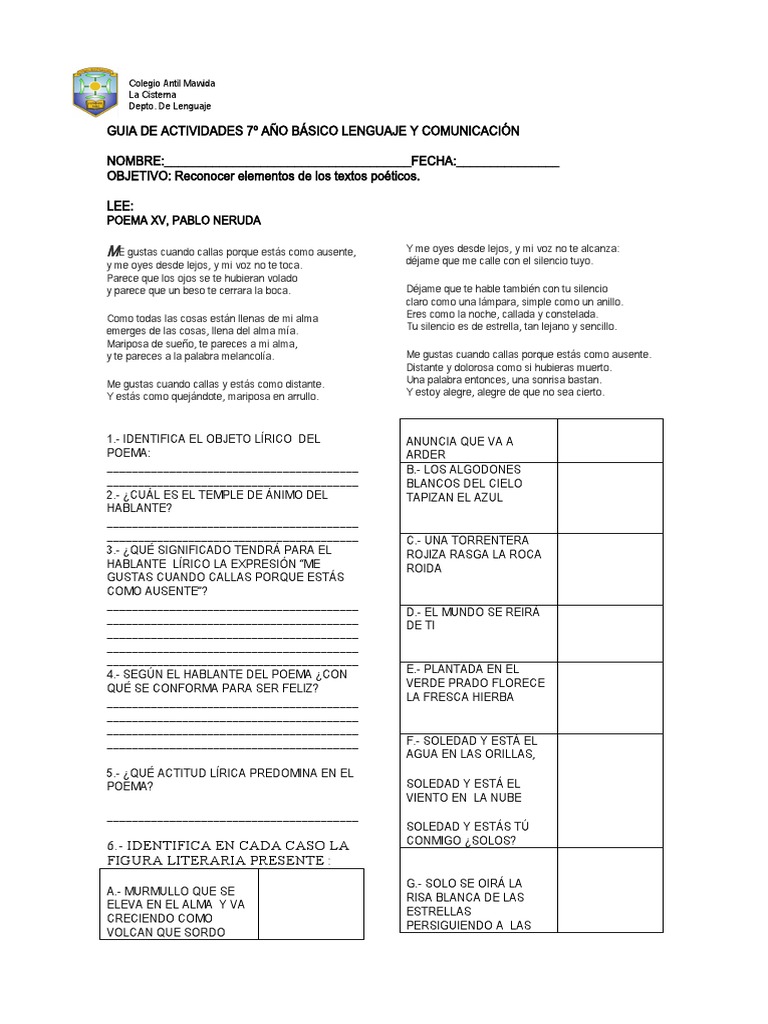 Guía 7º Reconocer Elementos de Los Textos Poéticos | PDF