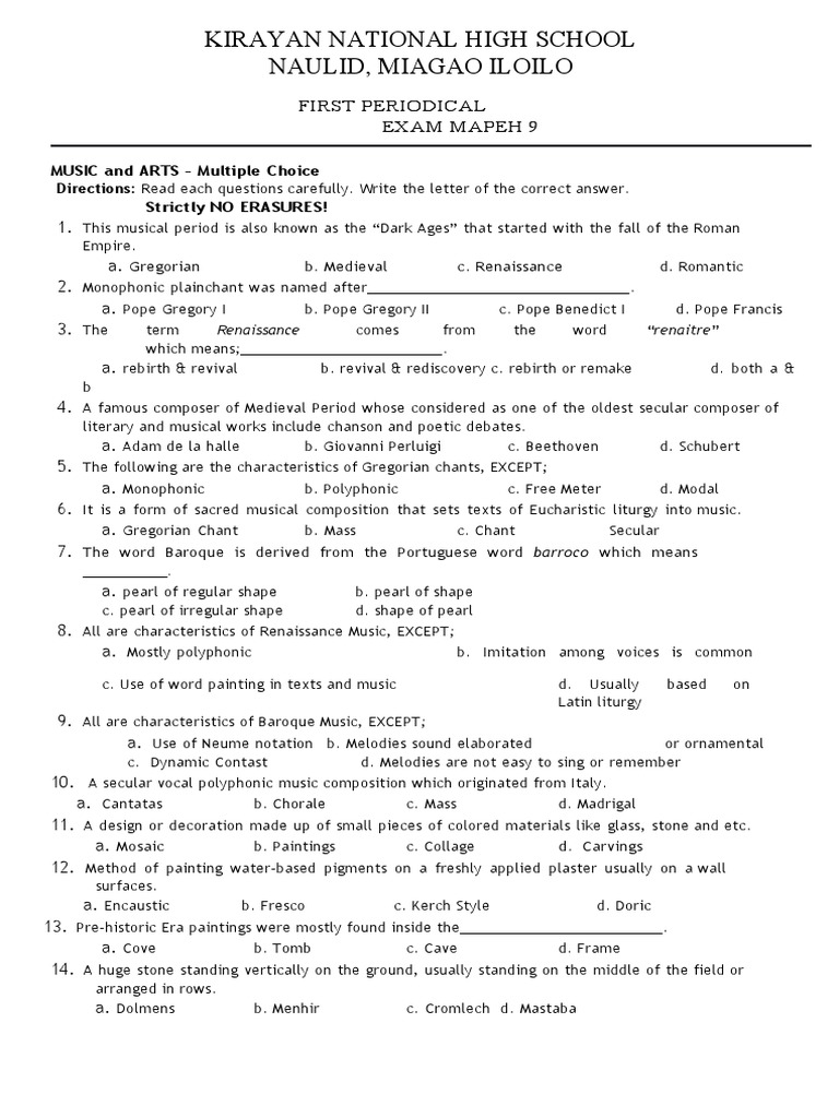 Grade 9 1st Periodical Test | PDF | Gregorian Chant | Knee